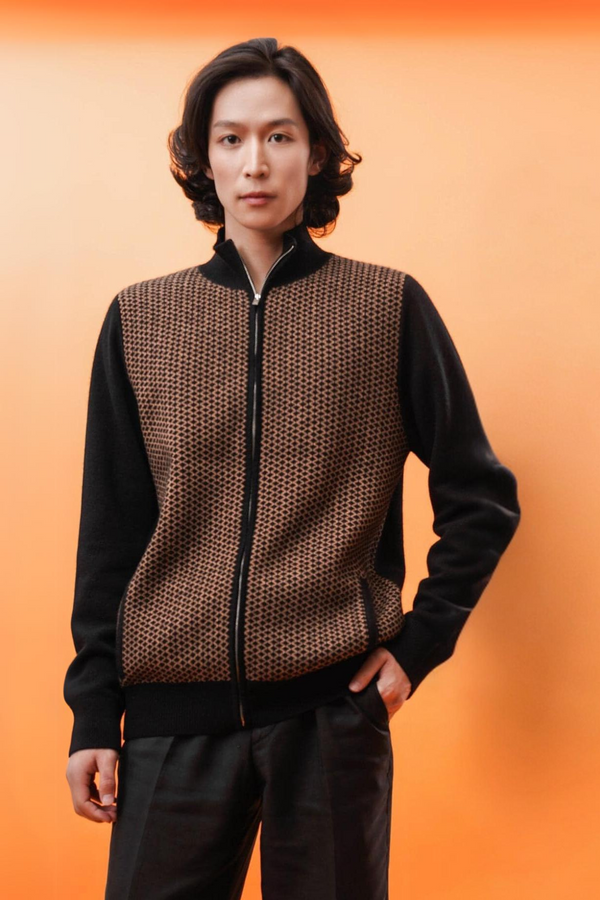 Hi-neck Pattern Cashmere Cardigan - Mongolian Gallery