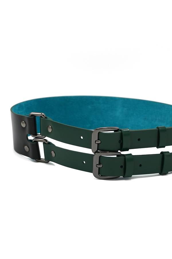 Wide Green Leather Waist Belt - Mongolian Gallery